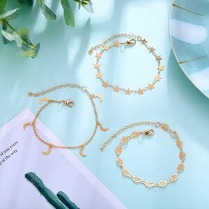 Jewelry | Sparkling Gold 3 Piece Moon Star And Leaf Anklet Simple ...